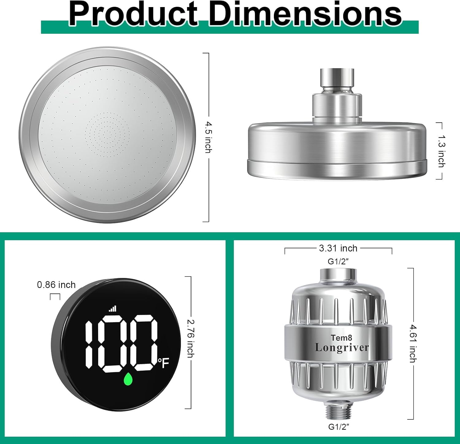 Tem8 Luxury Filtered Shower Head Set with Wireless Temperature Display ...