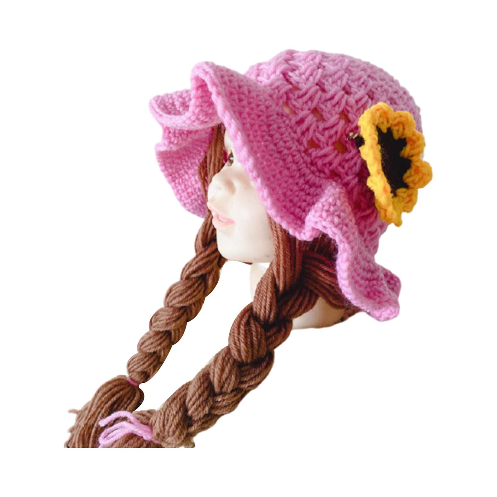 Temacd Baby Girls Braided Wig Woolen Yarn Knitted Hat Sunflower Cherry ...