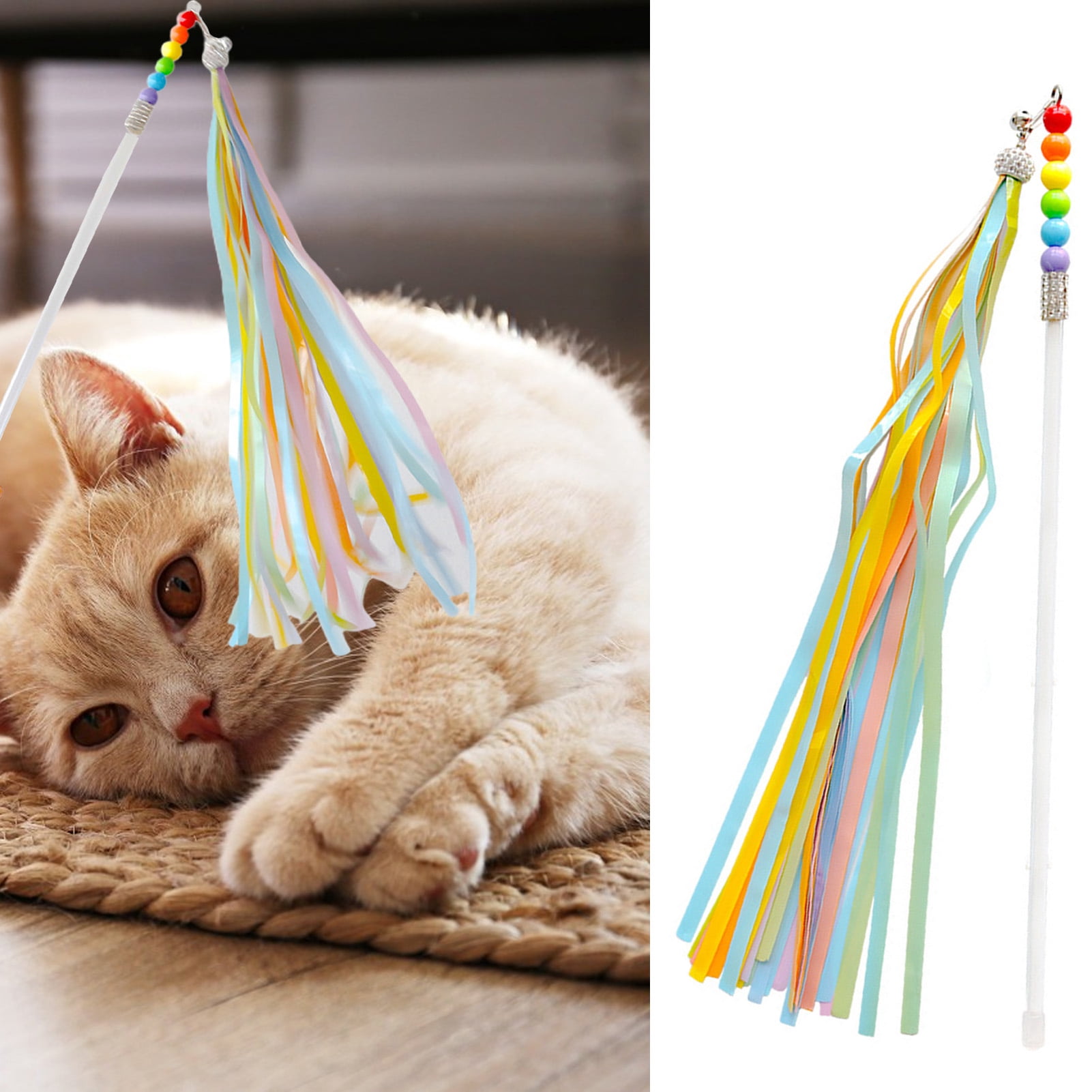 Temacd Cat Stick Toy Colorful Tassel Ribbon Stress Relief Interactive ...