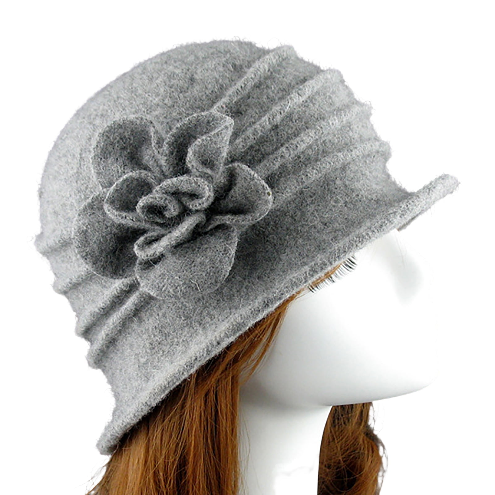Temacd Flower Decor Wide Brim Round Dome Woolen Hat Middle Aged Ladies ...