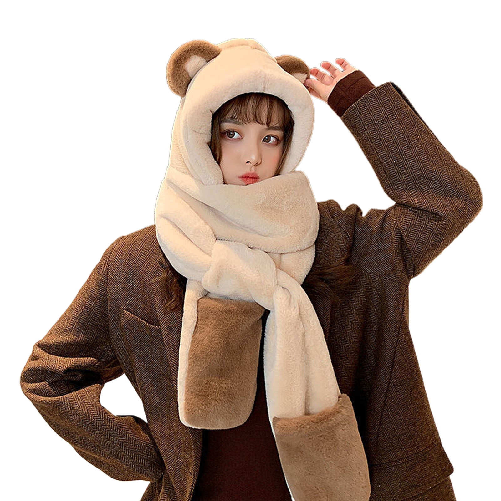 Temacd Women Hat Bear Ear Thicken Autumn Winter Coldproof Cap Scarf ...