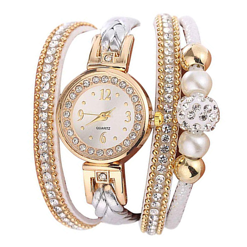 Temacd Women Rhinestone Bead Round Dial Snap Button Multi Layer ...