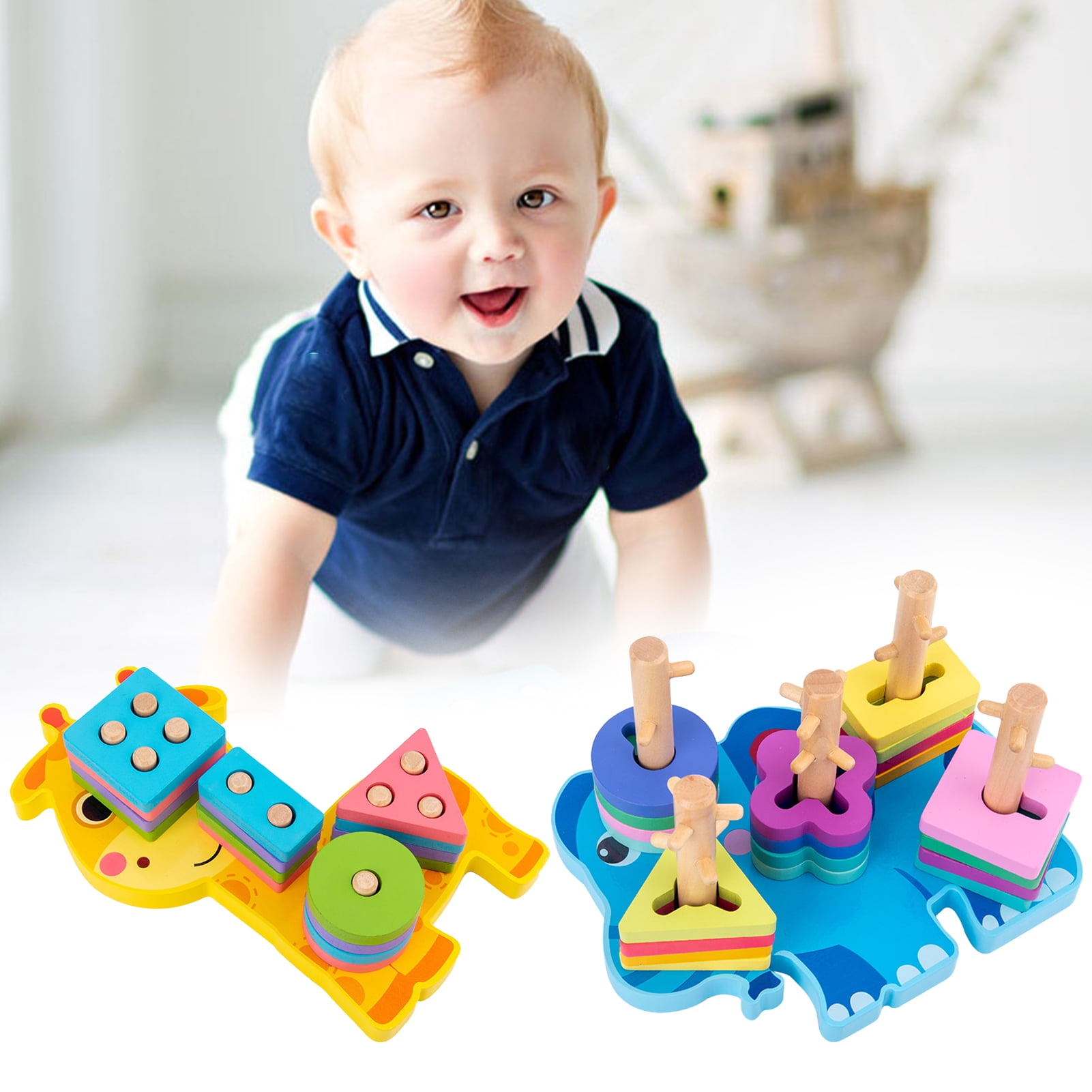 Temacd Wooden Sorting Stacking Puzzle for Kids Shapes Sizes Animals ...