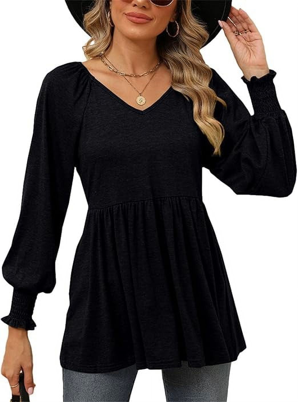 Temofon Womens Long Sleeve Tunic Tops 2024 Casual Puff V-Neck Pleated Flare Blouse T-Shirts with ...