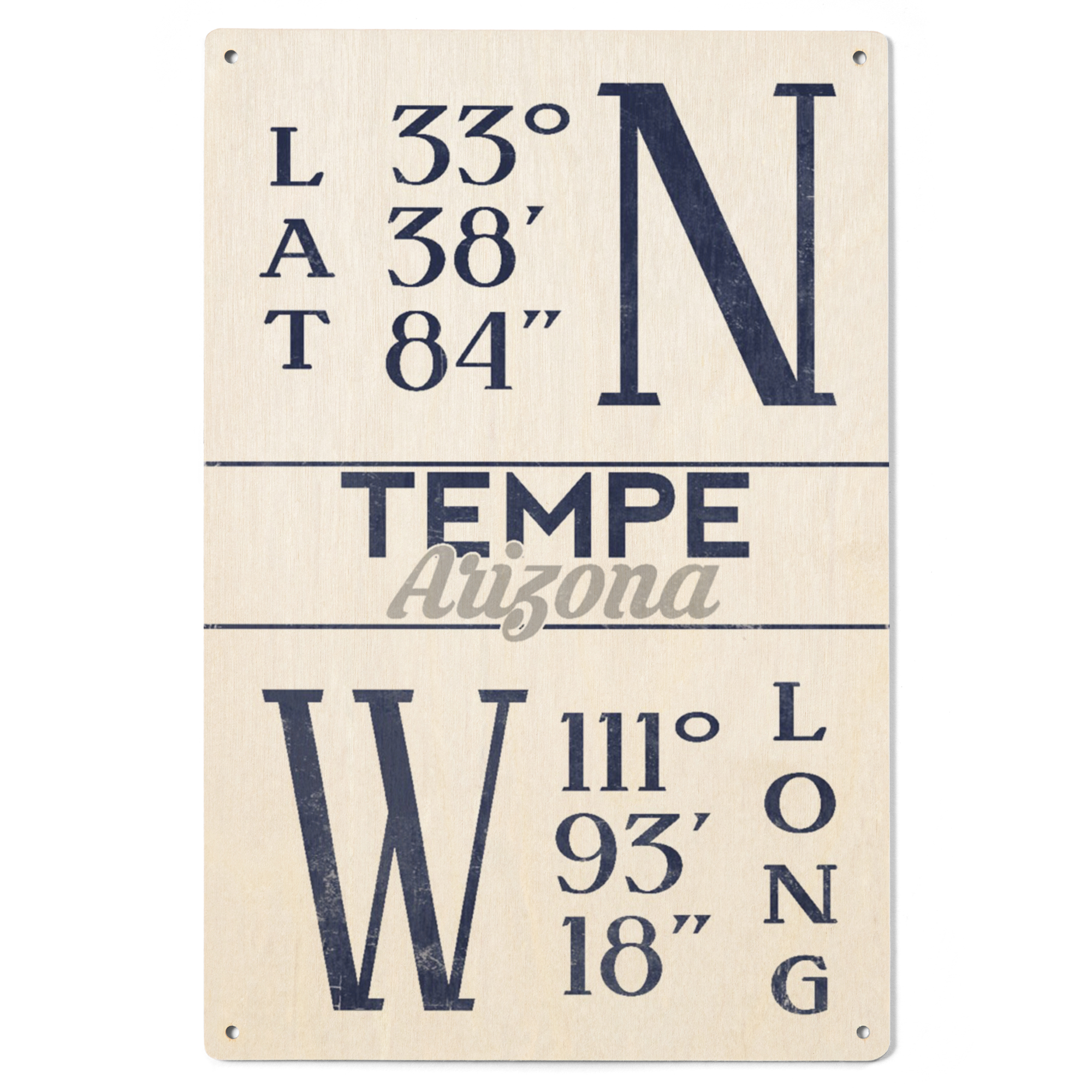 Tempe, Arizona, Latitude and Longitude (Blue) Birch Wood Wall Sign (6x9 ...