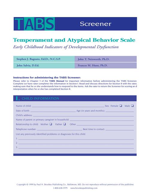 Temperament and Atypical Behavior Scale (TABS) Screener : Early ...