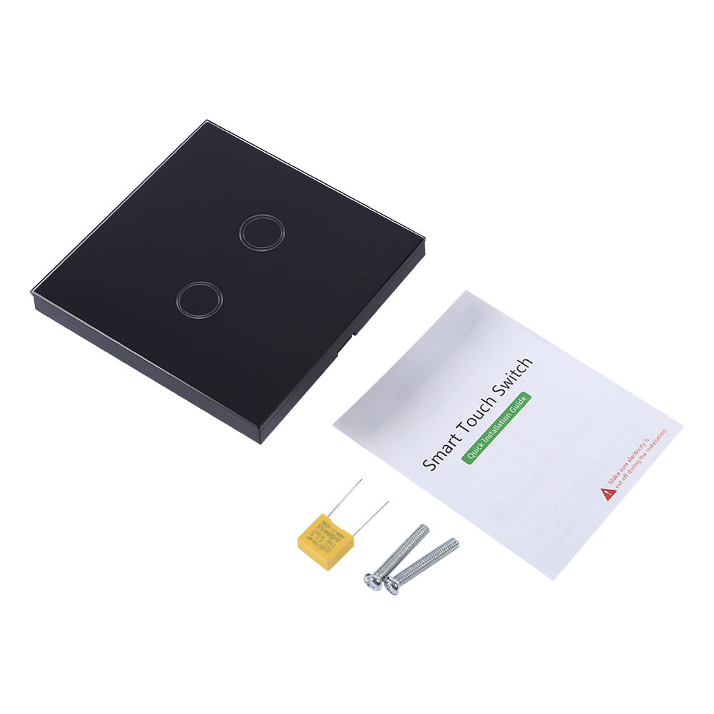 Tempered Glass 2-Gang Touch Wall Light Switch, 1-Way, 110-240V, Black ...