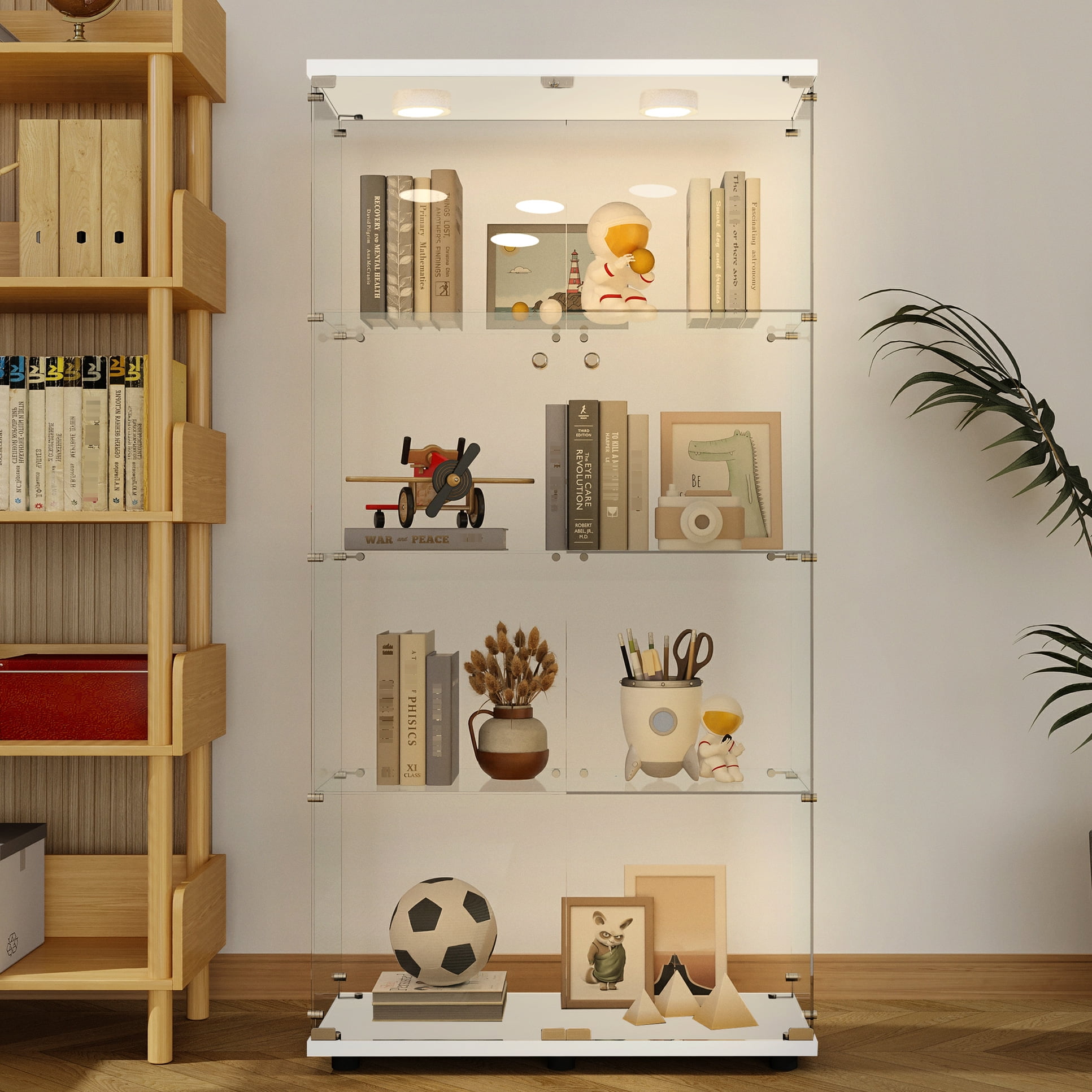 Tempered Glass Cabinet With Adjustable Feet & Built-in Lights, White, 3 ...