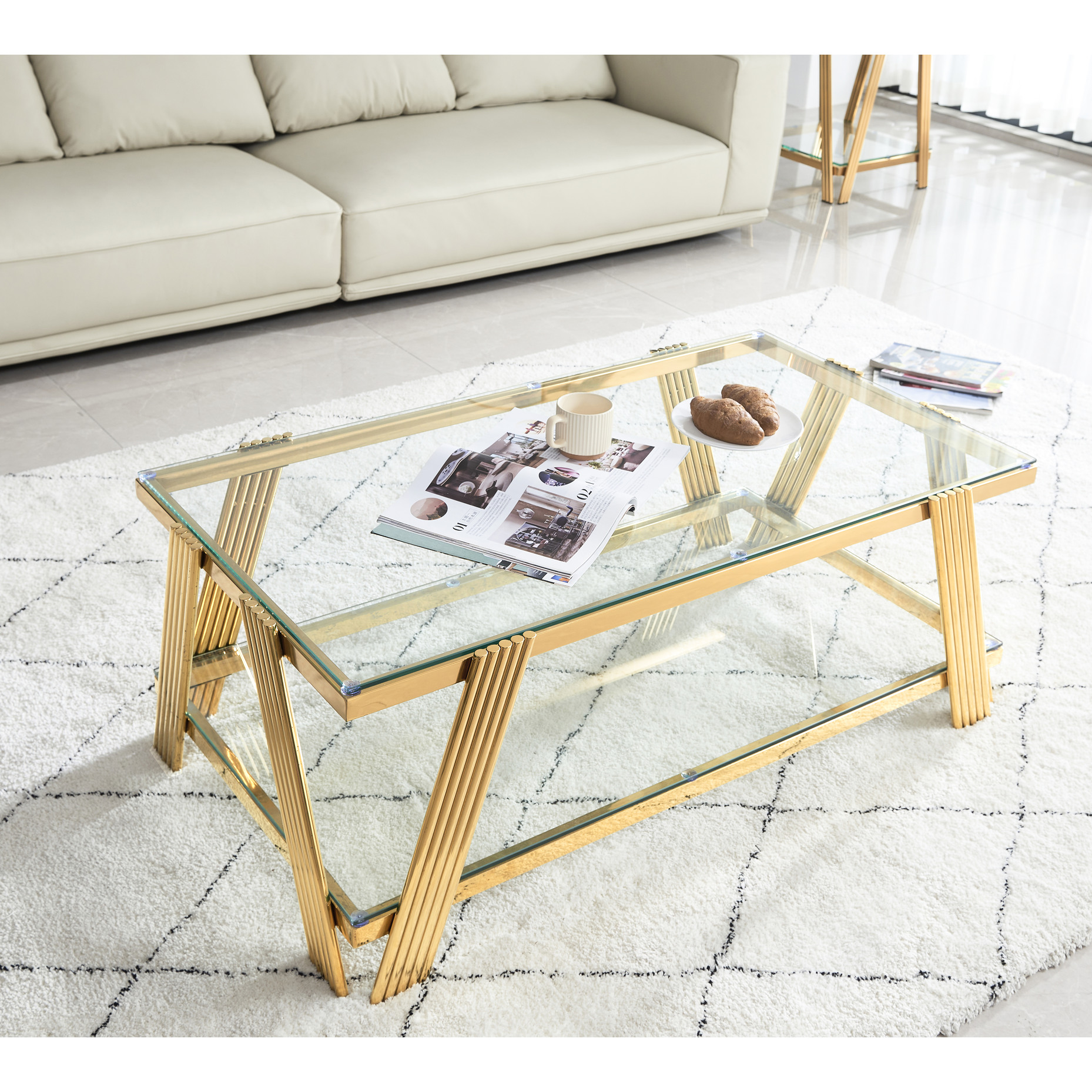 Tempered Glass Coffee Table, 47" Wide Rectangle, Stainless Steel Legs ...