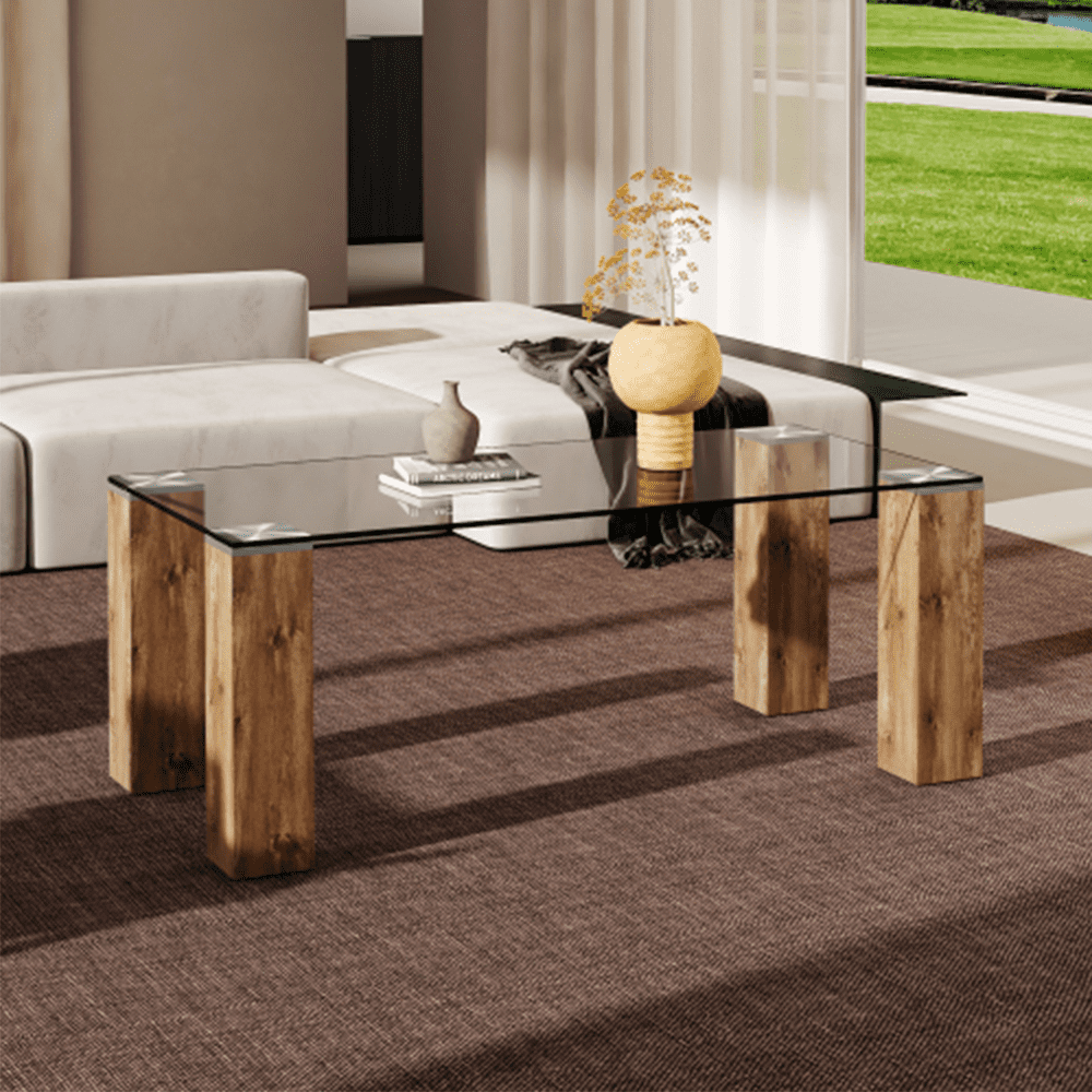 Tempered Glass Coffee Table Rectangular Center Table with Solid Wood Legs Modern Cocktail Table Clear Tea Table for Living Room Reception Office