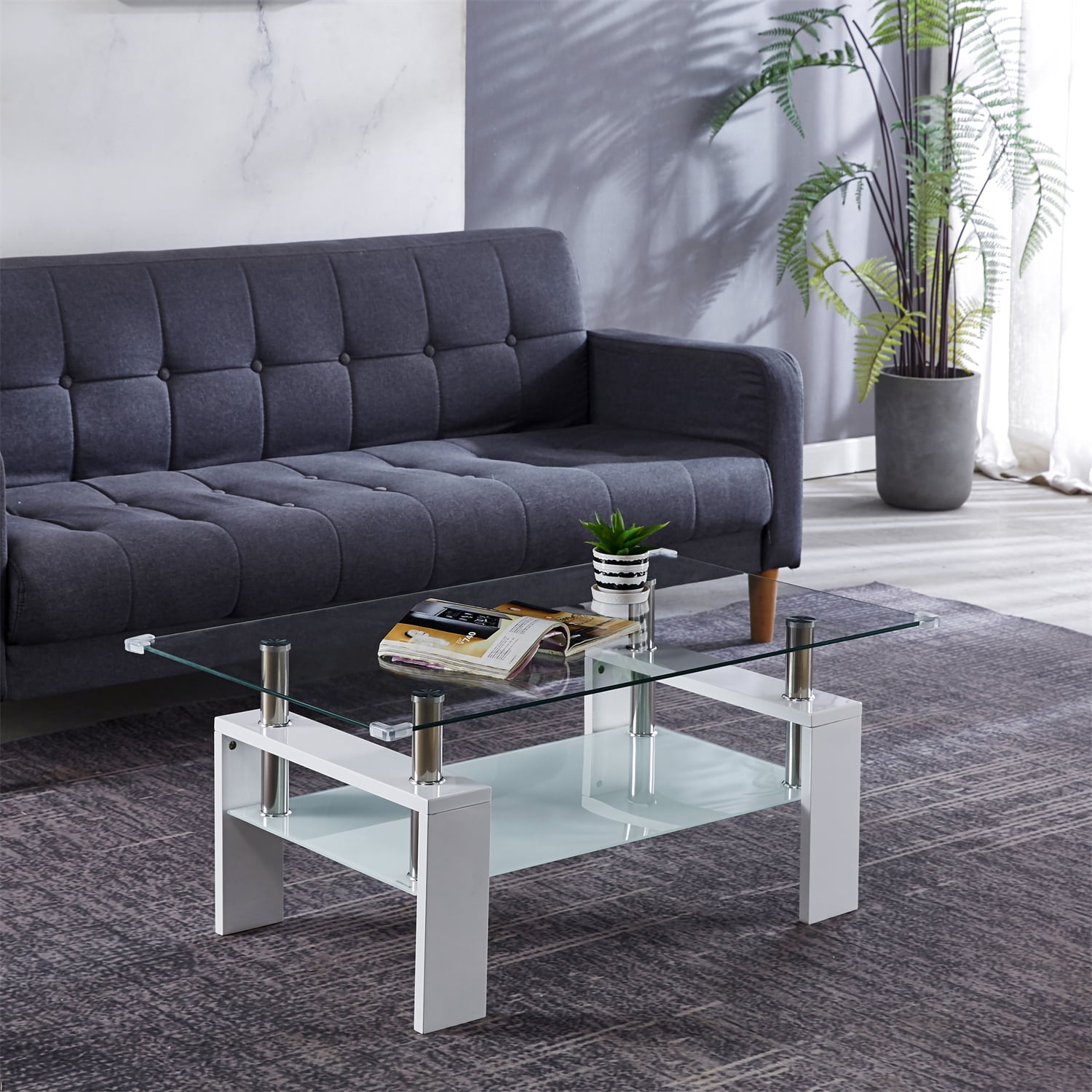 Tempered Glass Coffee Table with Storage, Modern Rectangular Center ...
