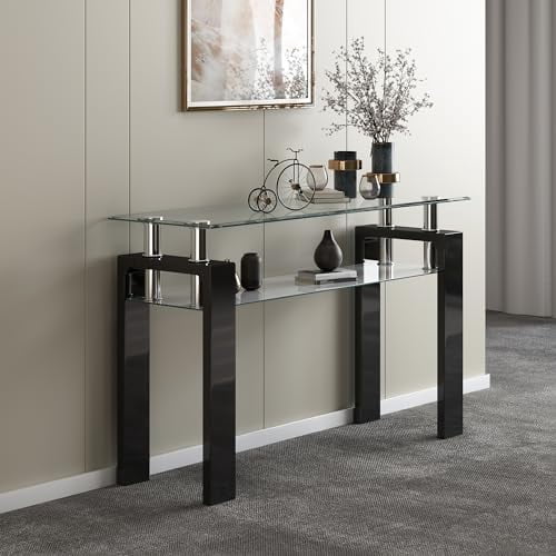 Tempered Glass Console Table,Modern 2-Tier Rectangle Clear Accent Sofa ...