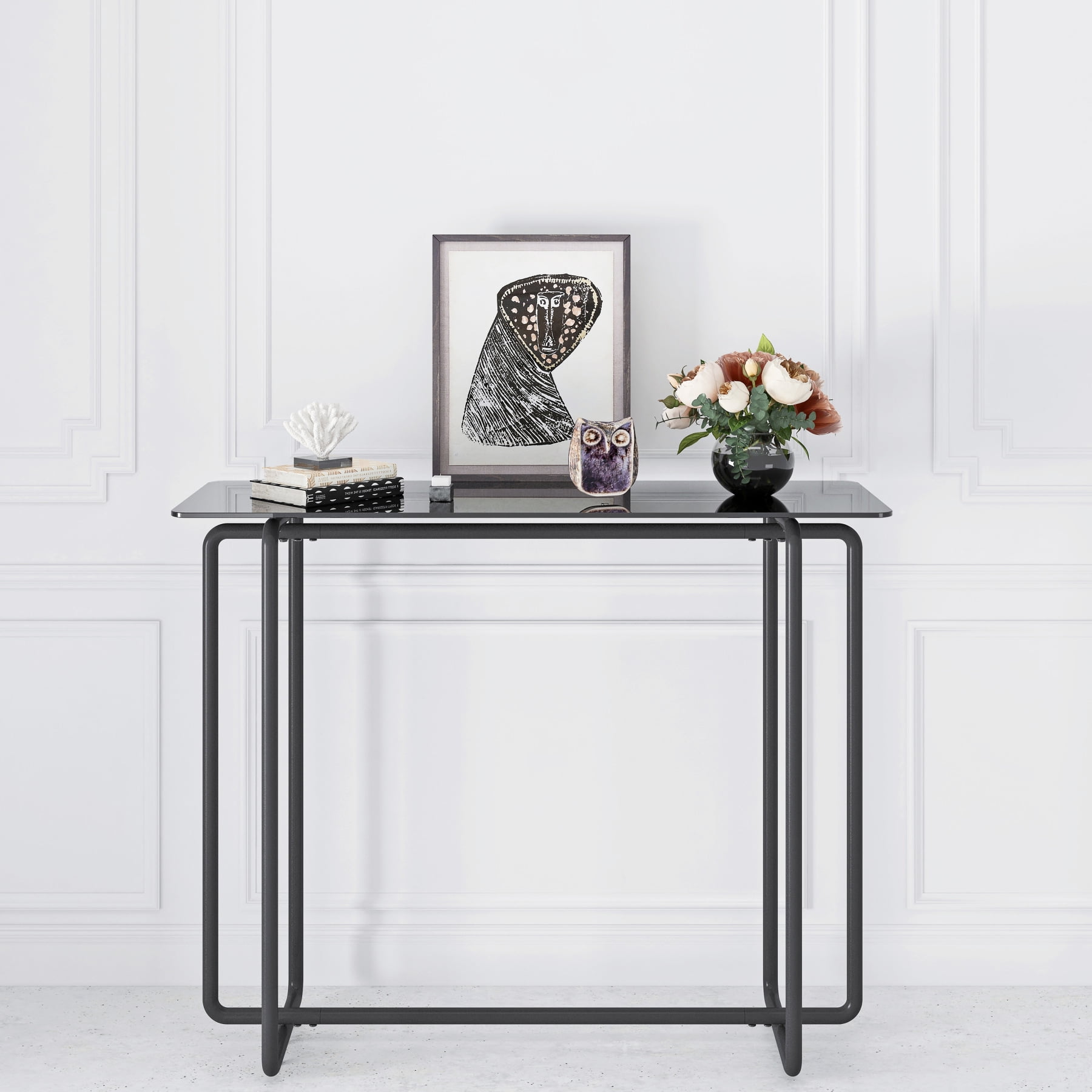 Tempered Glass Console Table with Black Metal Legs & Adjustable Base ...