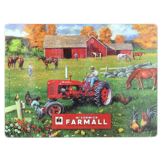 IH McCormick Farmall C Tractor in Farm Scene Glass Cutting Board, 15.5in x 11.75in 42012 ...