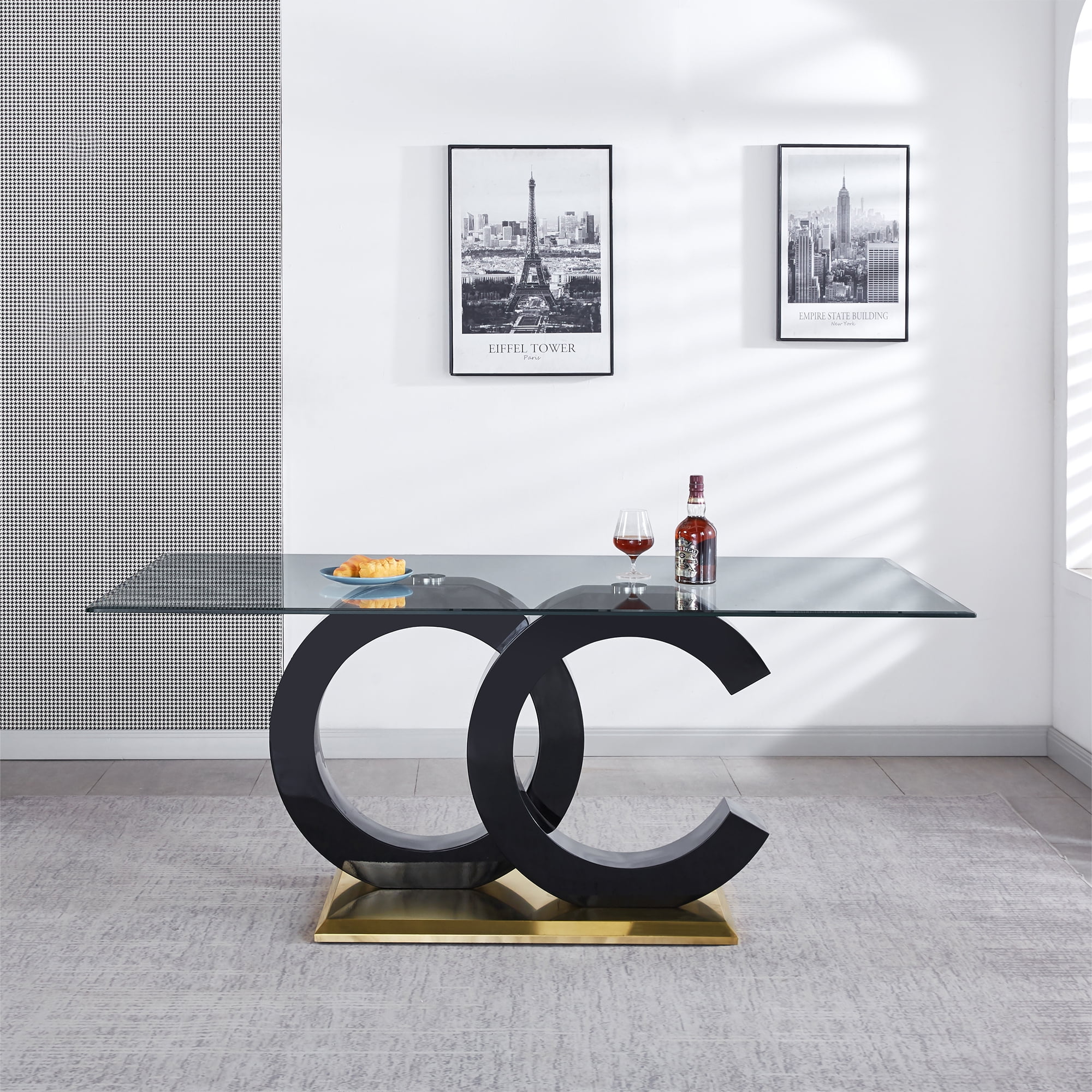 Tempered Glass Dining Table with Black MDF Middle Support and Stainless ...