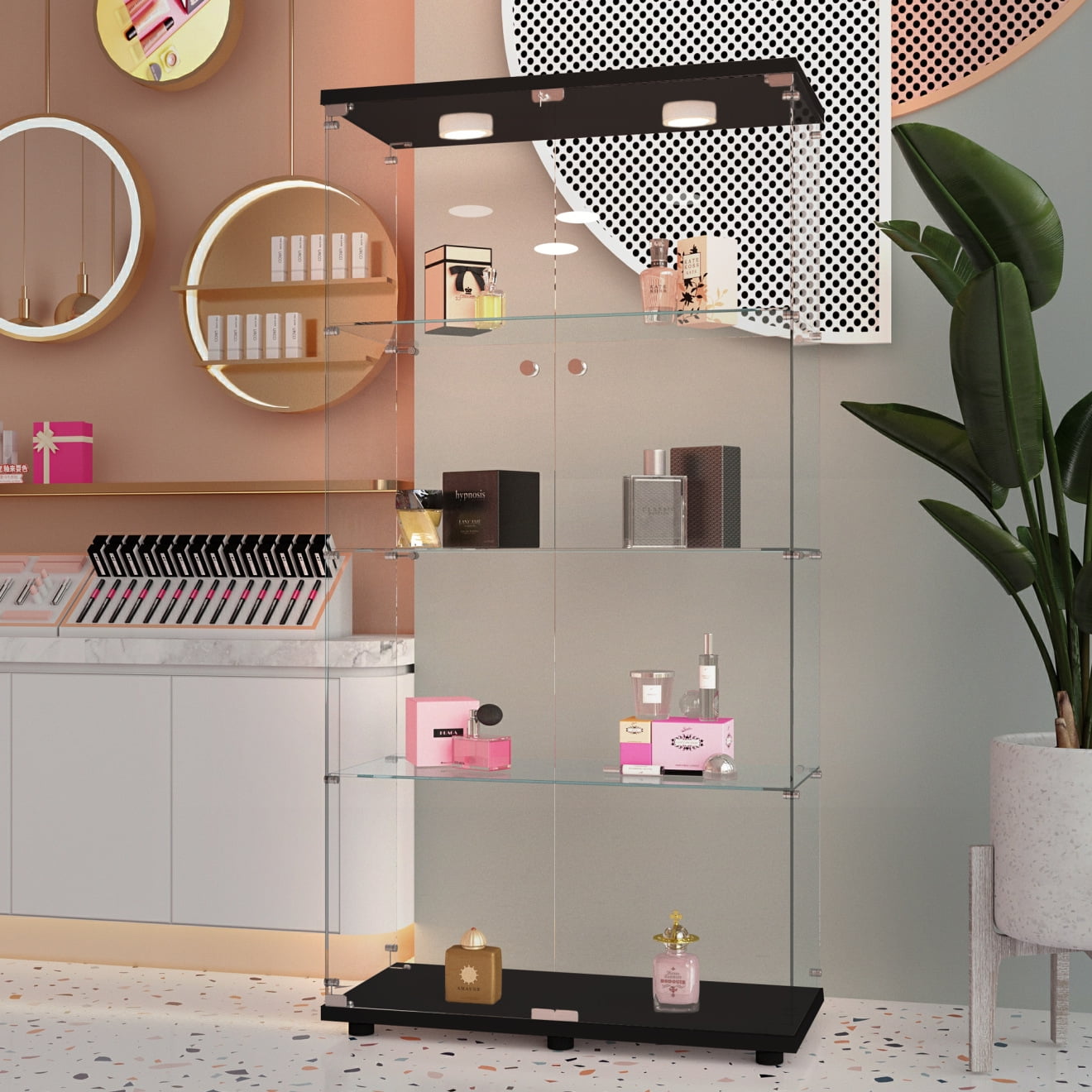 Tempered Glass Display Cabinet, 4-Tier Curio Showcase with Adjustable ...