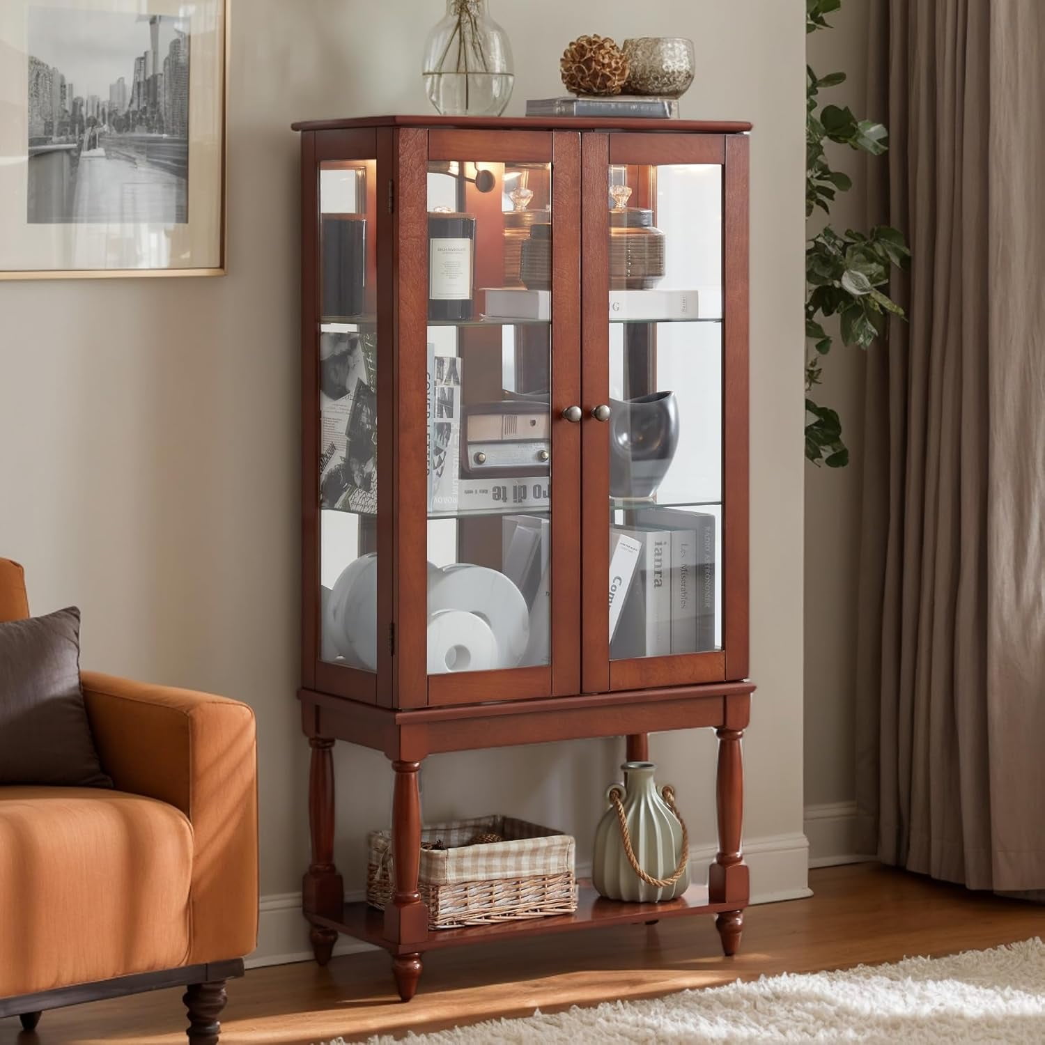 Tempered Glass Display Cabinet 48 Inch Walnut Curio With Mirror Back ...