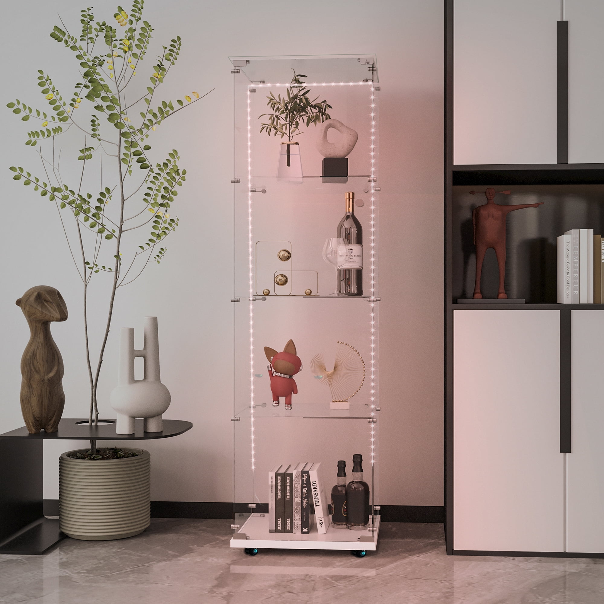 Tempered Glass Display Cabinet with Adjustable LED Lighting, 4-Tier ...