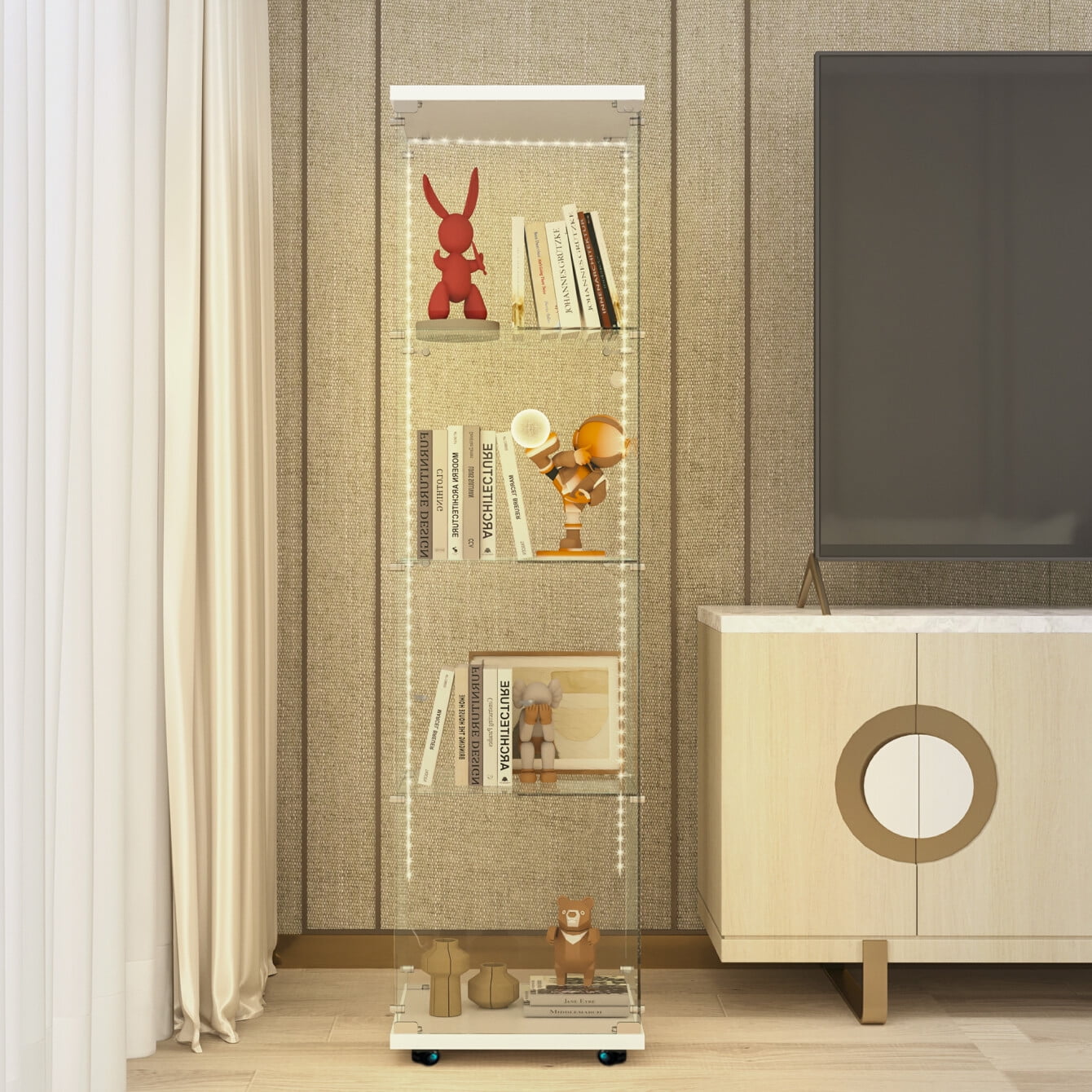 Tempered Glass Display Cabinet with Bluetooth LED Light Strip & Locking ...