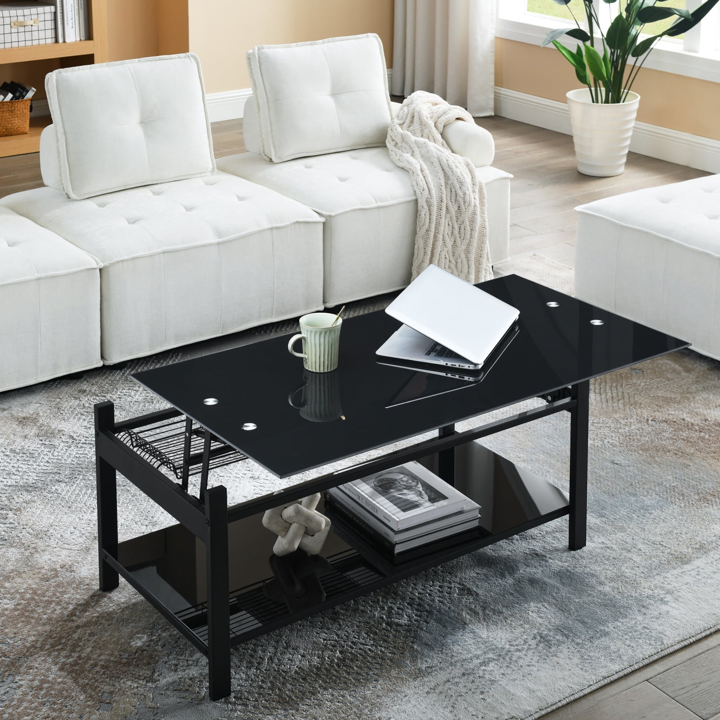Tempered Glass Lift Top Coffee Table with Hidden Dividers and Open ...