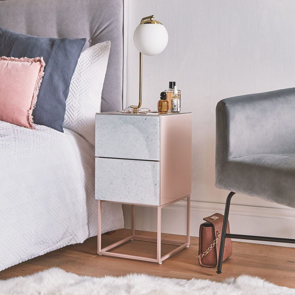 Tempered Glass Marble Stone Double Drawer Bedside Table for Bedroom ...