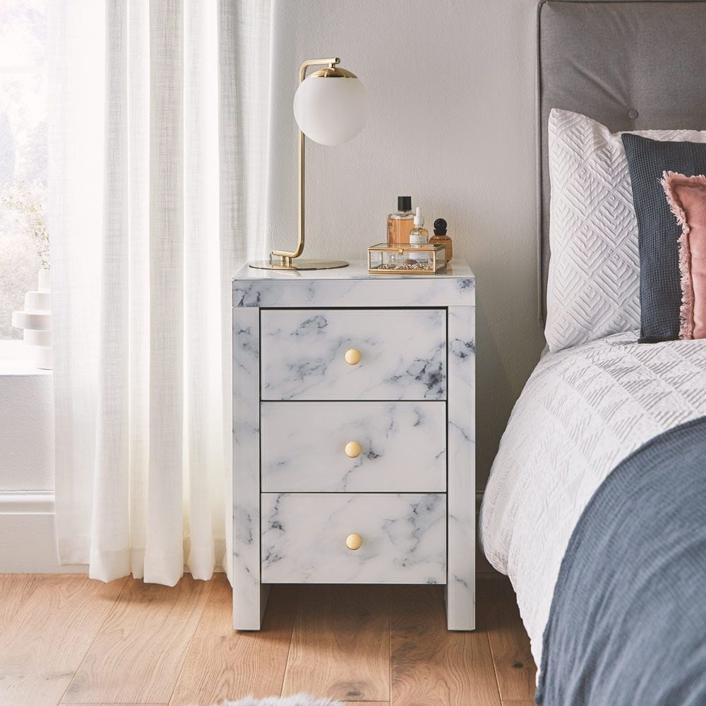 Tempered Glass Nightstand, Marble Nightstand with 3 Drawers,Side Table ...