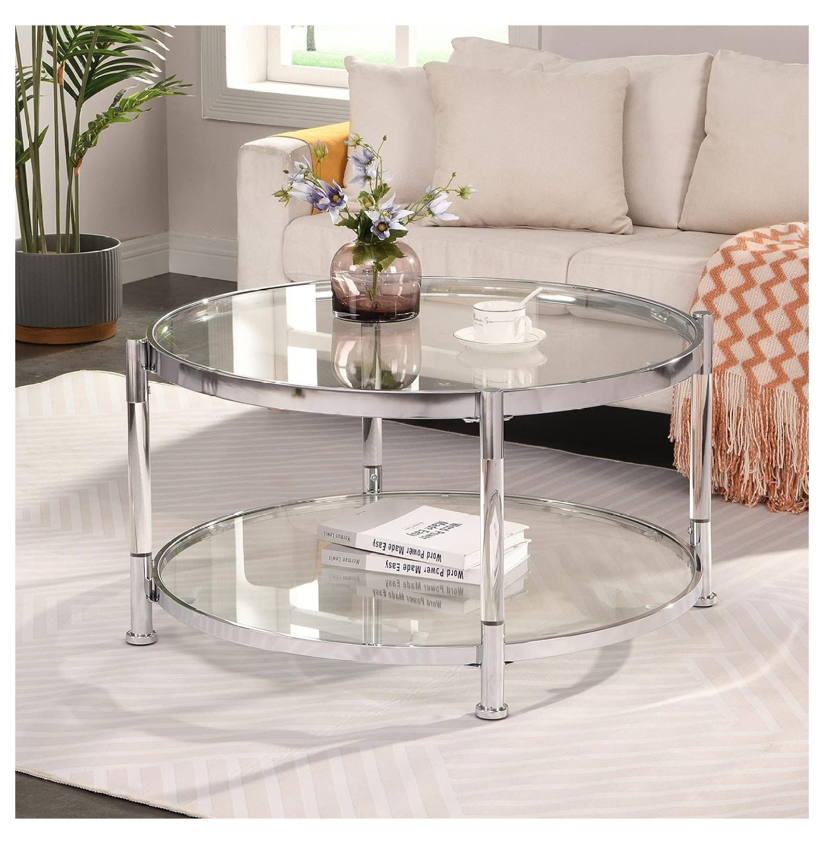 Tempered Glass Round Coffee Table, 32.3" Modern Acrylic Legs Circle ...