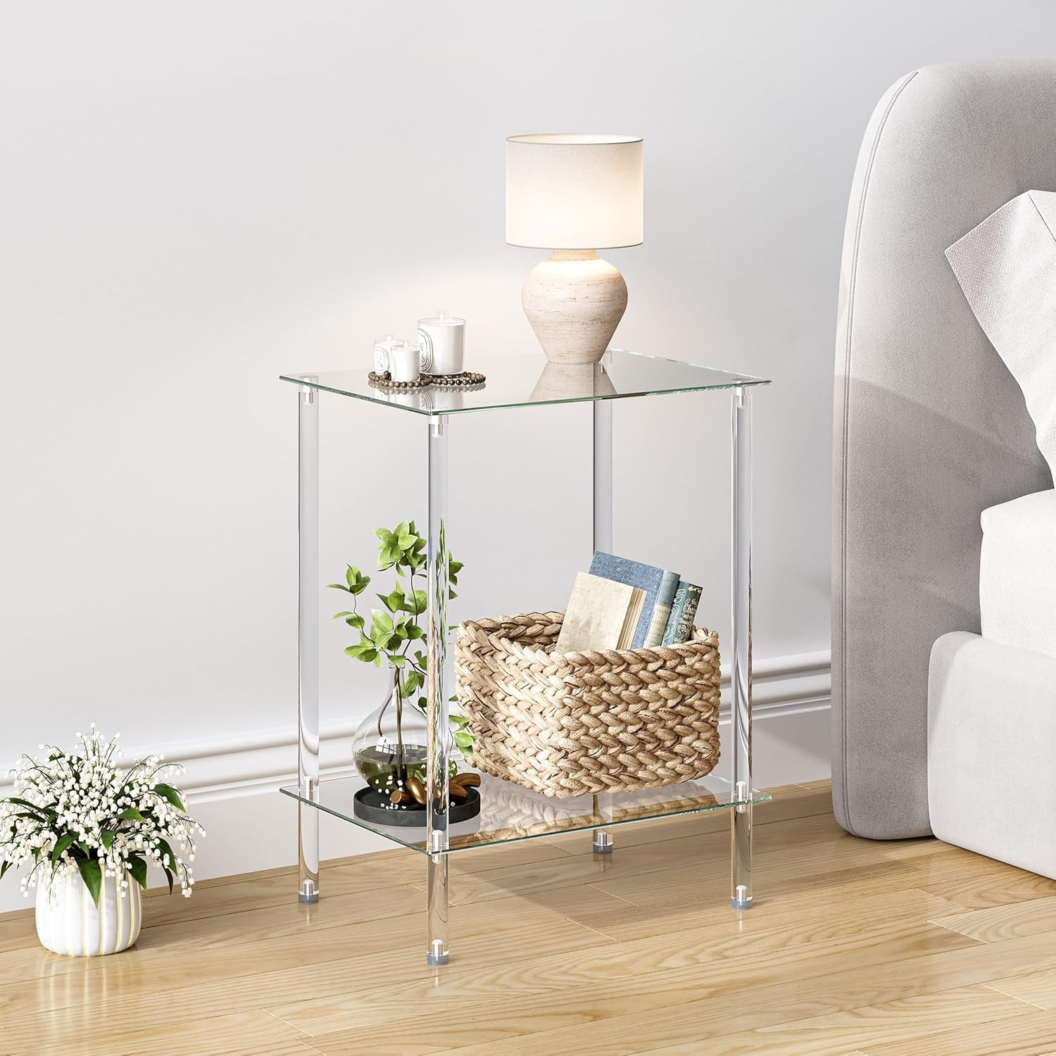 Tempered Glass Side Tables Set of 2 Acrylic End Table with 2 Storage ...