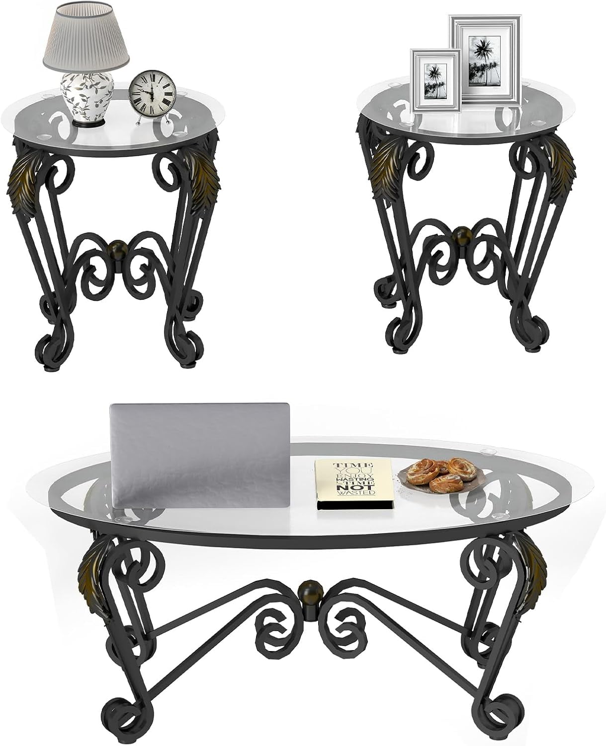 Tempered Glass Surface Coffee Table Set of 3, Decor Elliptical Coffee ...
