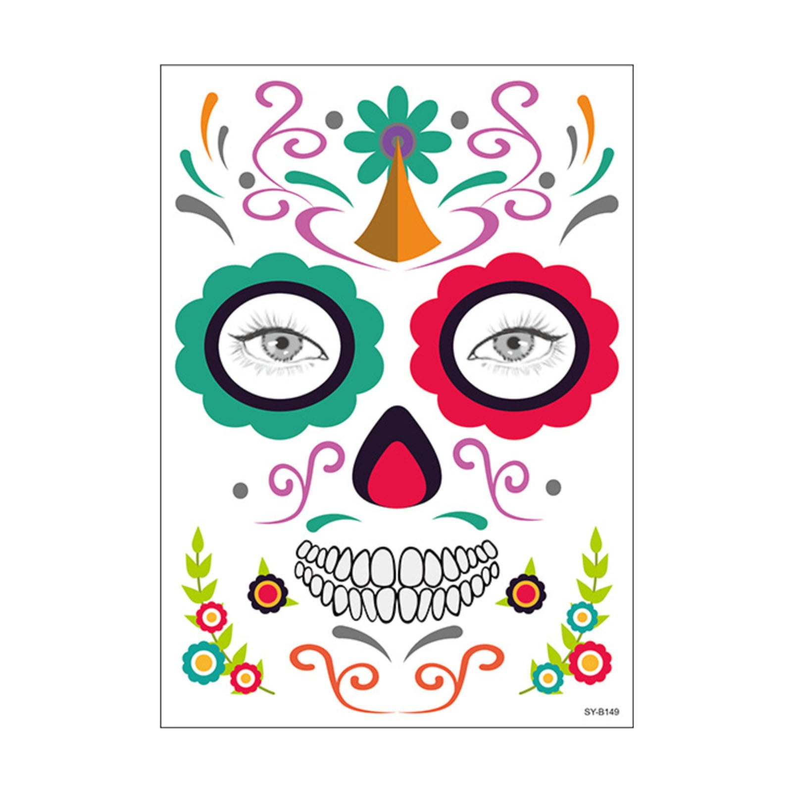Temporary Face Makeup Stickers Day Of The Dead Sugar Flower Black ...