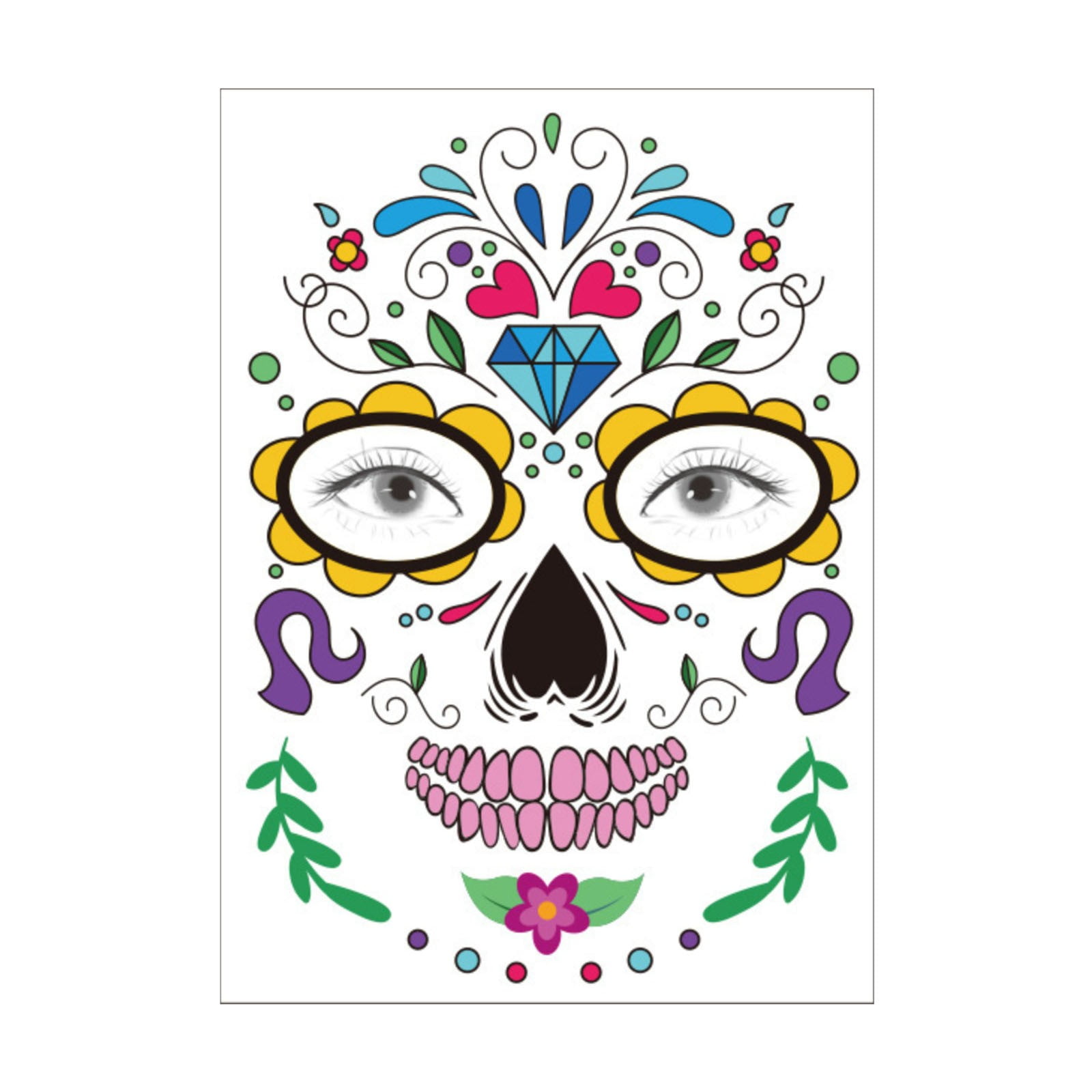 Temporary Face Makeup Stickers Day Of The Dead Sugar Flower Black ...