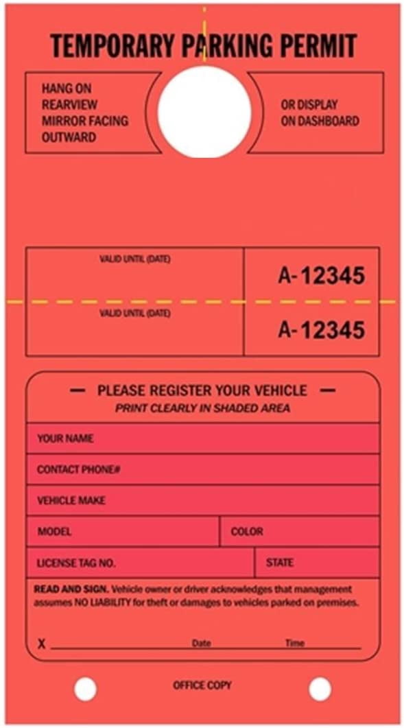 Temporary Parking Permit - Mirror Hang Tags Numbered and with Tear-Off ...
