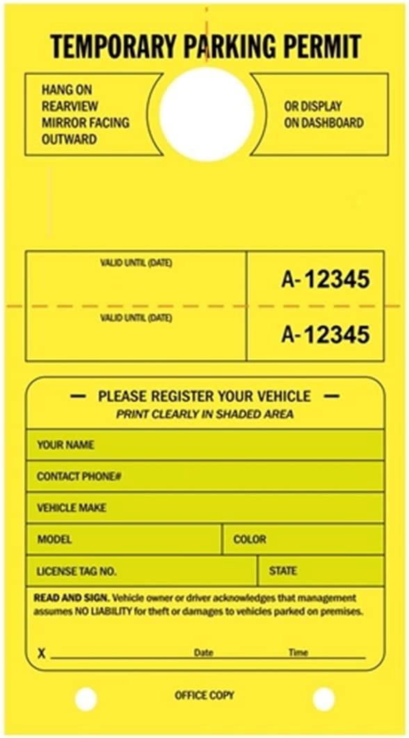 Walmart Temporary Parking Permit - Fluorescent Yellow Mirror Hang Tags ...