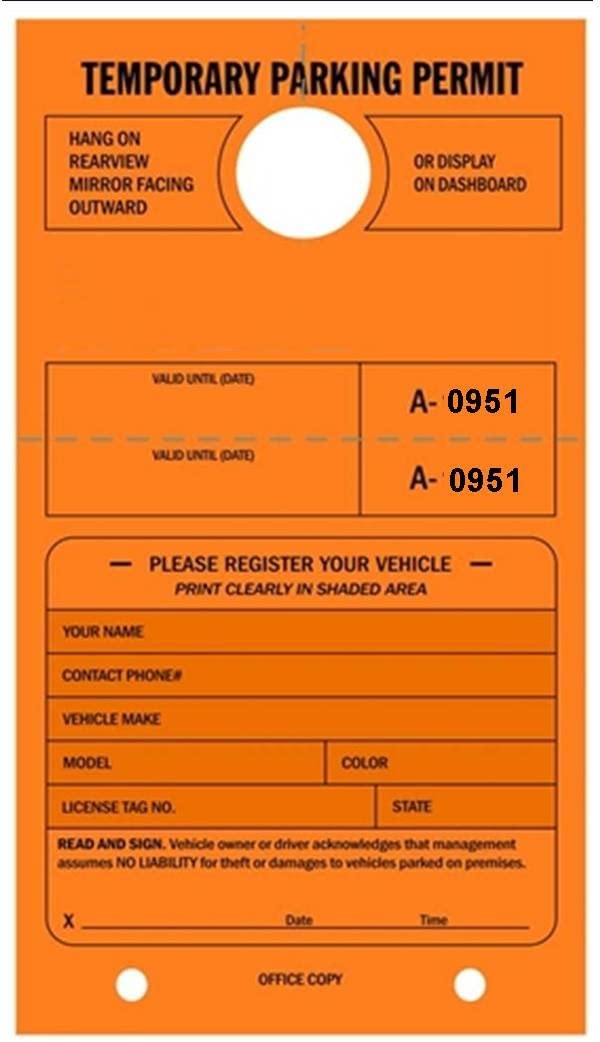 Temporary Parking Permit - Mirror Hang Tags, Numbered with Tear-Off ...