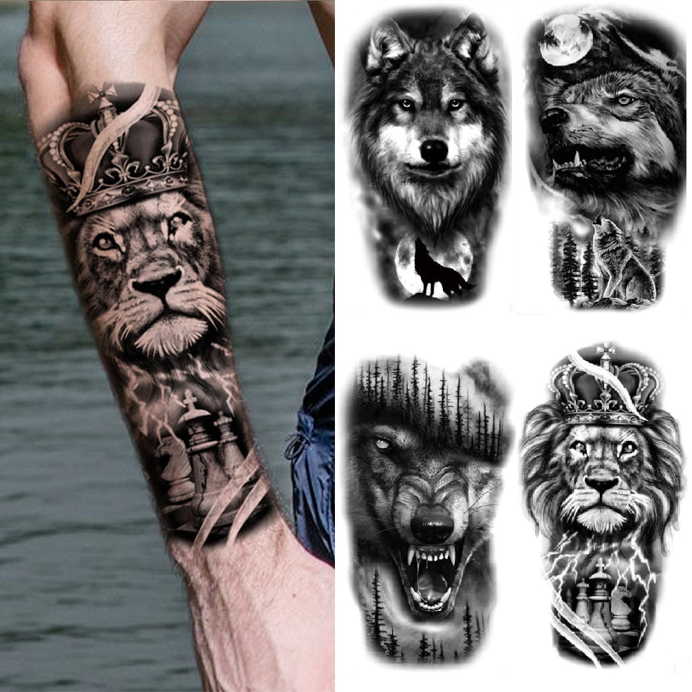 Temporary Tattoo Patch for Men and Women Lion Head Tiger and Bear Crown ...