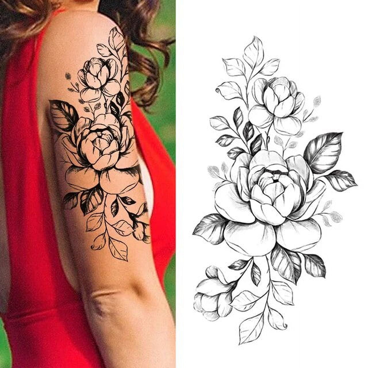 Temporary Tattoo Sticker Print Flower Peony Rose Sketches Flash Black ...