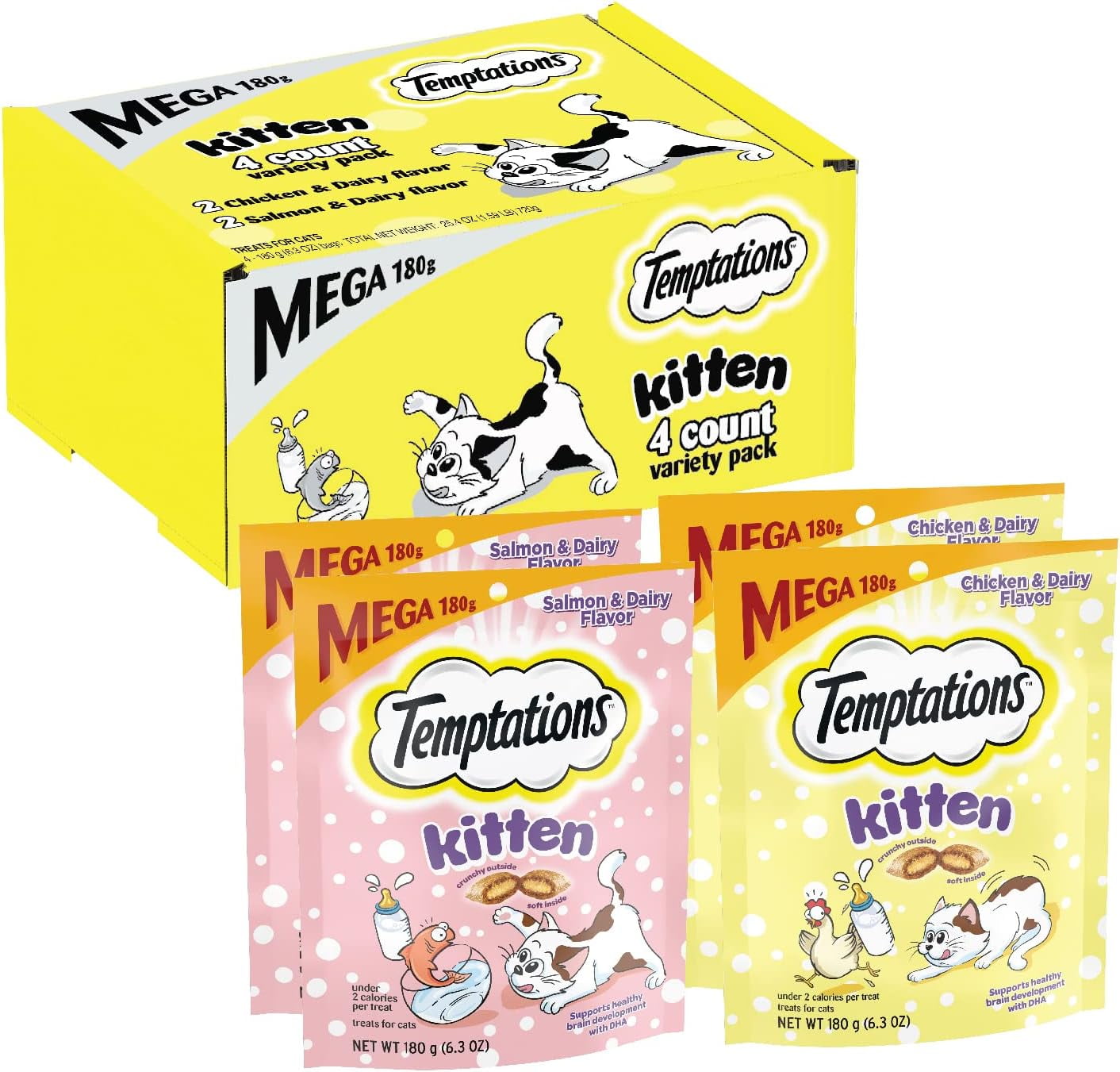 Temptations Kitten Treats, Chicken & Dairy and Salmon & Dairy, Crunchy ...