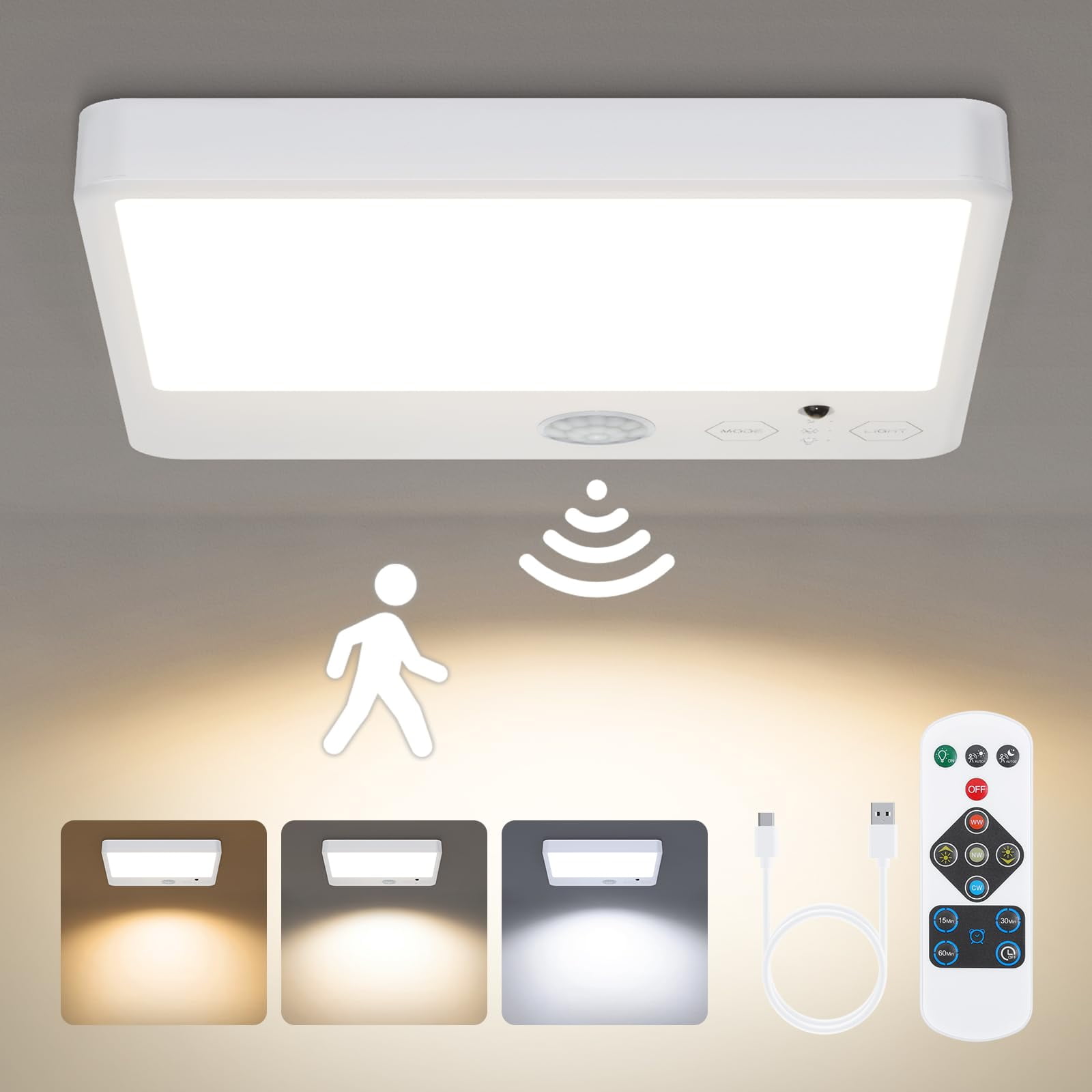 Temracha Motion Sensor Ceiling Light Fixture, Rechargeable Closet ...
