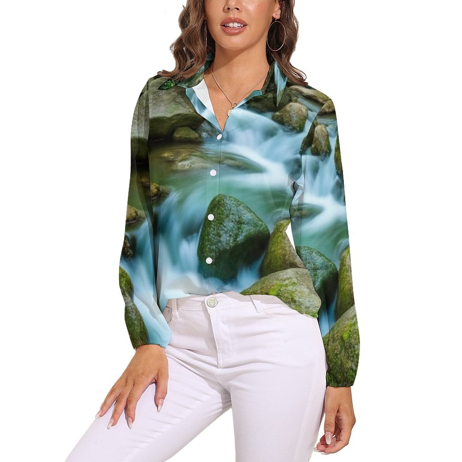 Temu Forest Stream Rocks Vntage Casual Long Sleeve Shirt Blouse Woman ...