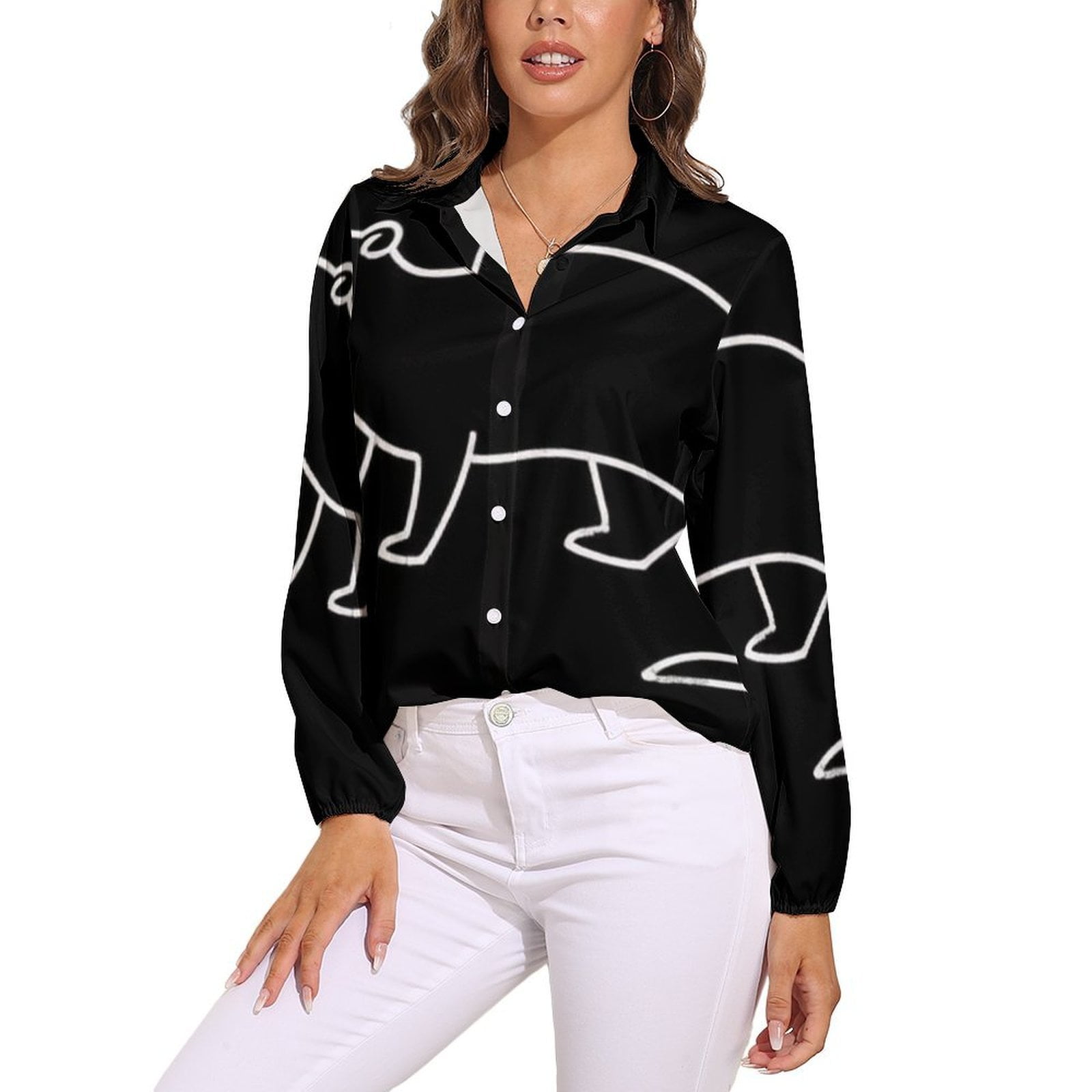 Temu White Otter Outline Art Vntage Casual Long Sleeve Shirt Blouse ...