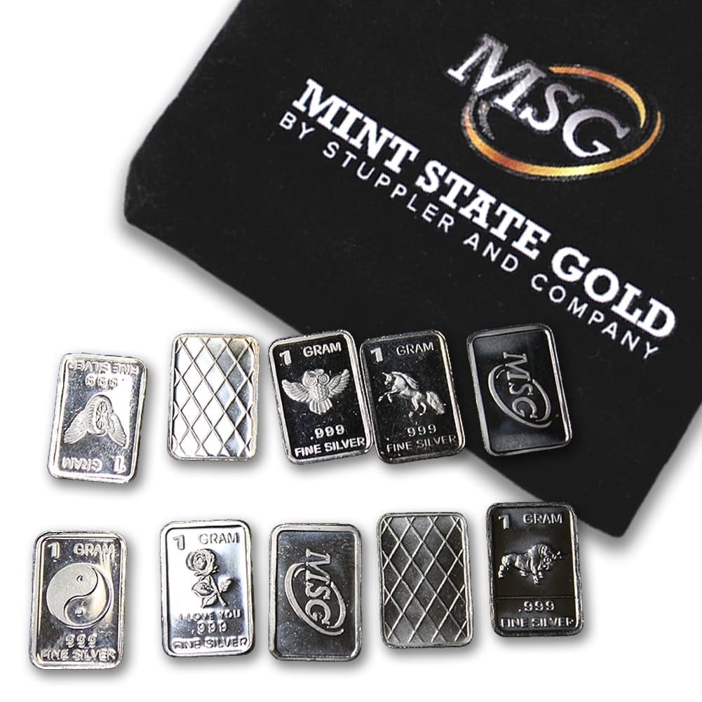 Ten (10) One Gram .999 Pure Silver Bars with Random Designs in a ...