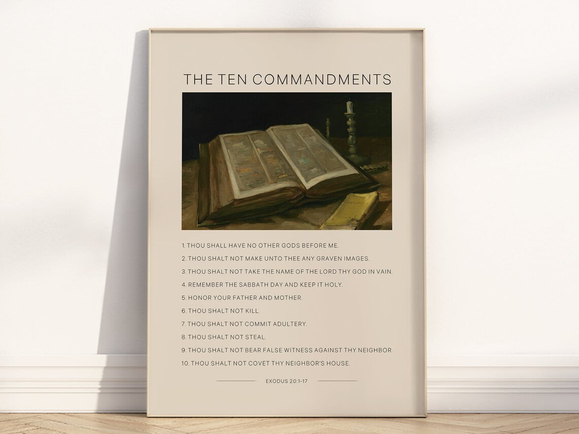 The Ten Commandments Bible Verse Wall Art, Exodus 20:1-17 Christian Vintage Oil Painting ...