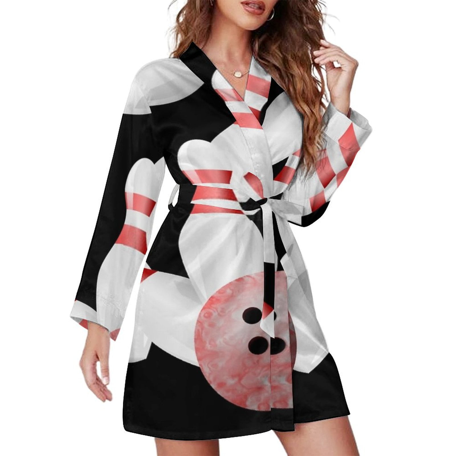 Ten-pin Bowling Strike Graphic Night Robe Long Sleeve V Neck Robe With ...