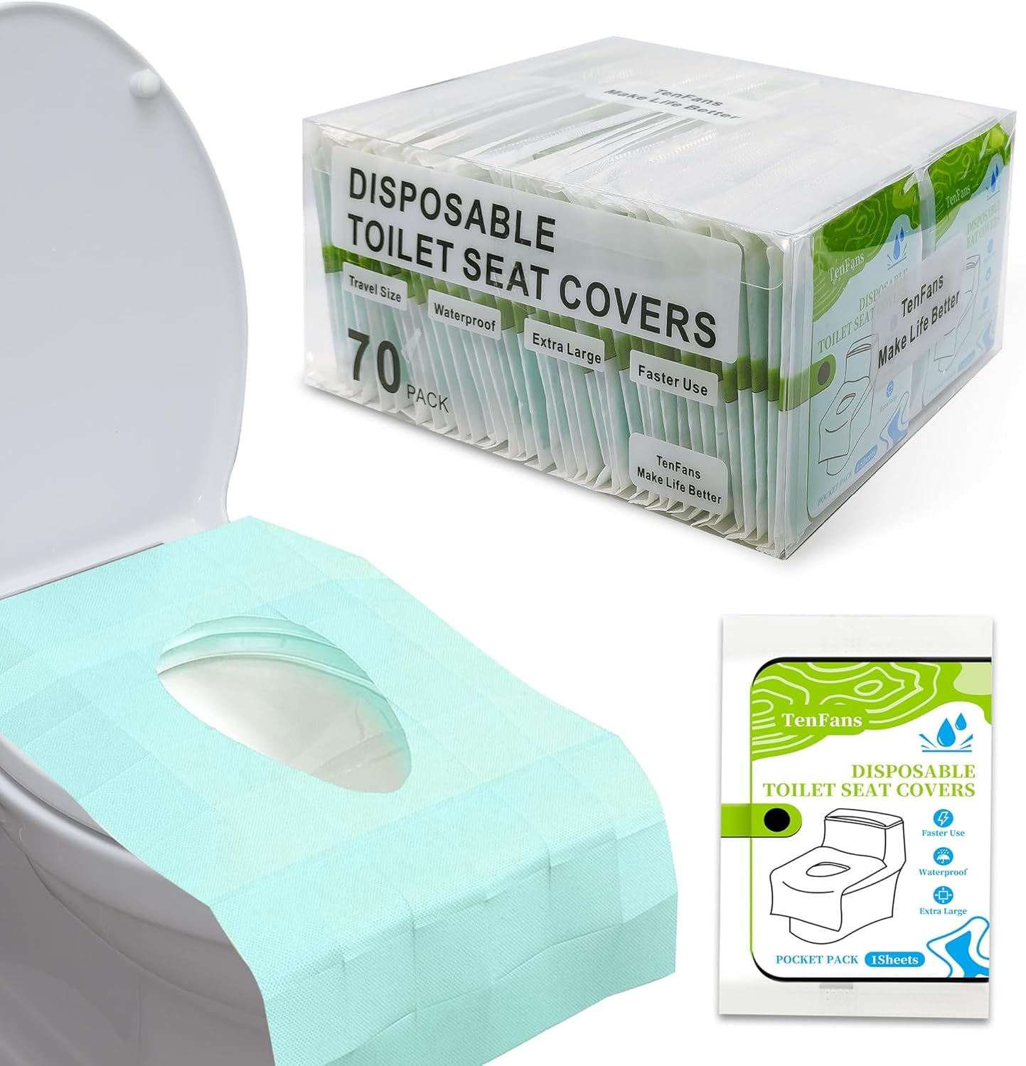 TenFan Disposable Toilet Seat Covers - 70-Pack Waterproof XL Travel ...
