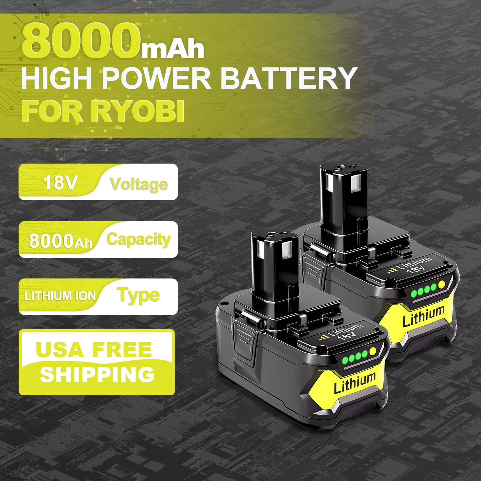 TenHutt 18V 8.0Ah 2PACK Replacement Battery for Ryobi 18V P102 P103 ...