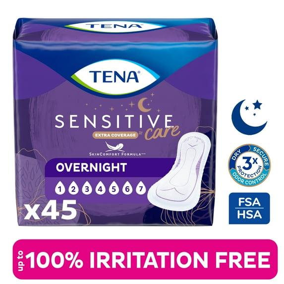 Tena Sensitive Care Extra Coverage Overnight Incontinence Pads for Women, 45 Count HSA/FSA ...