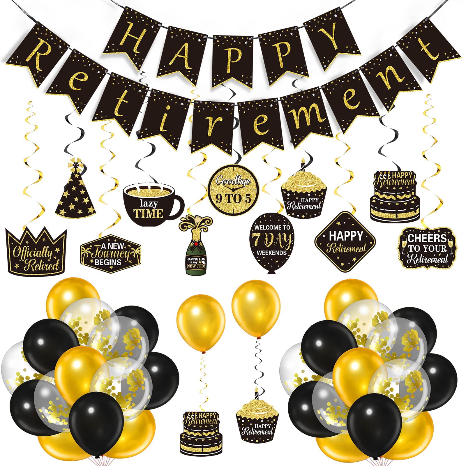 Tenare 44 Pcs Retirement MMF7 Party Decor Kit: Banner, Swirls, Balloons ...