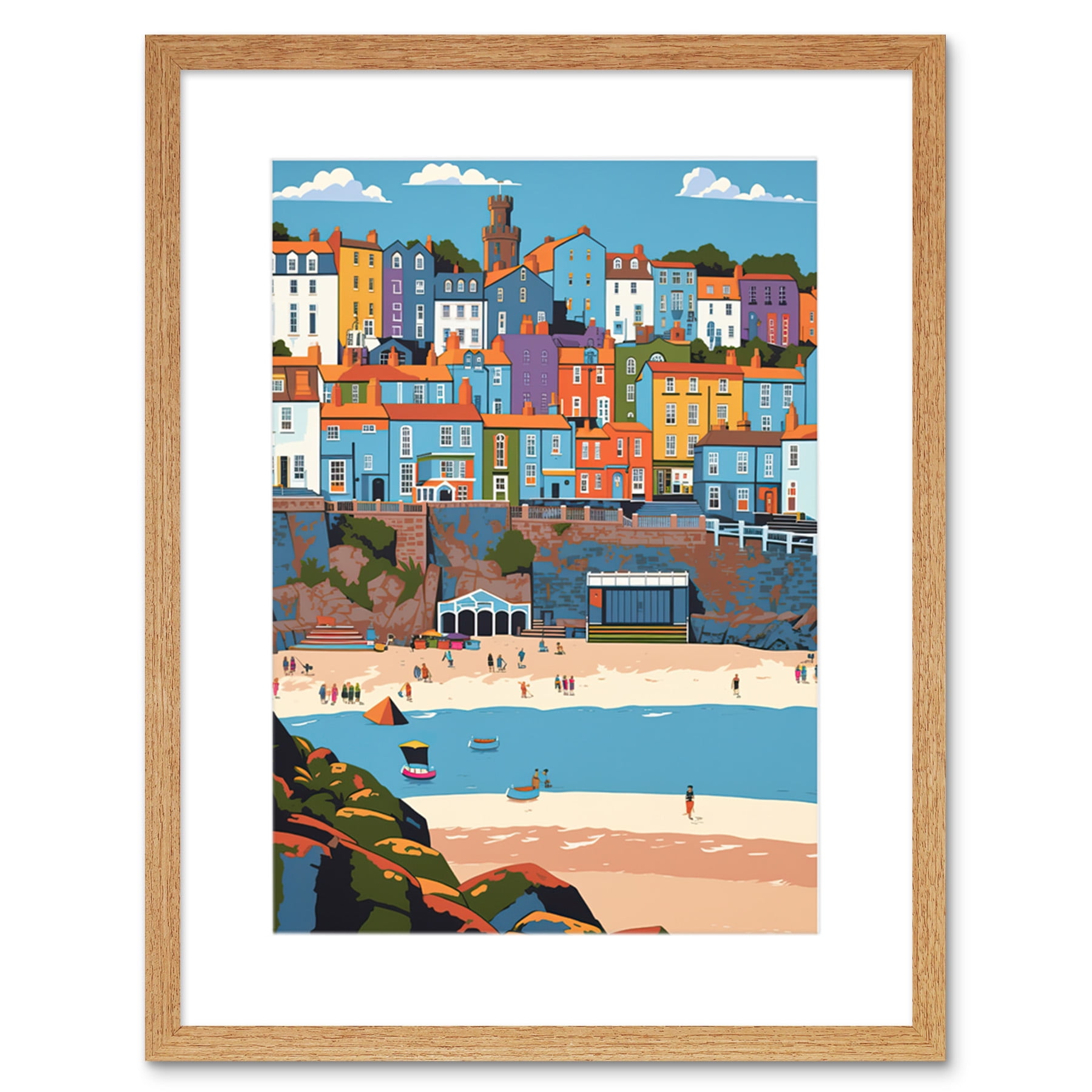 Tenby Castle Beach in Wales Colourful Townscape Artwork Framed Wall Art ...