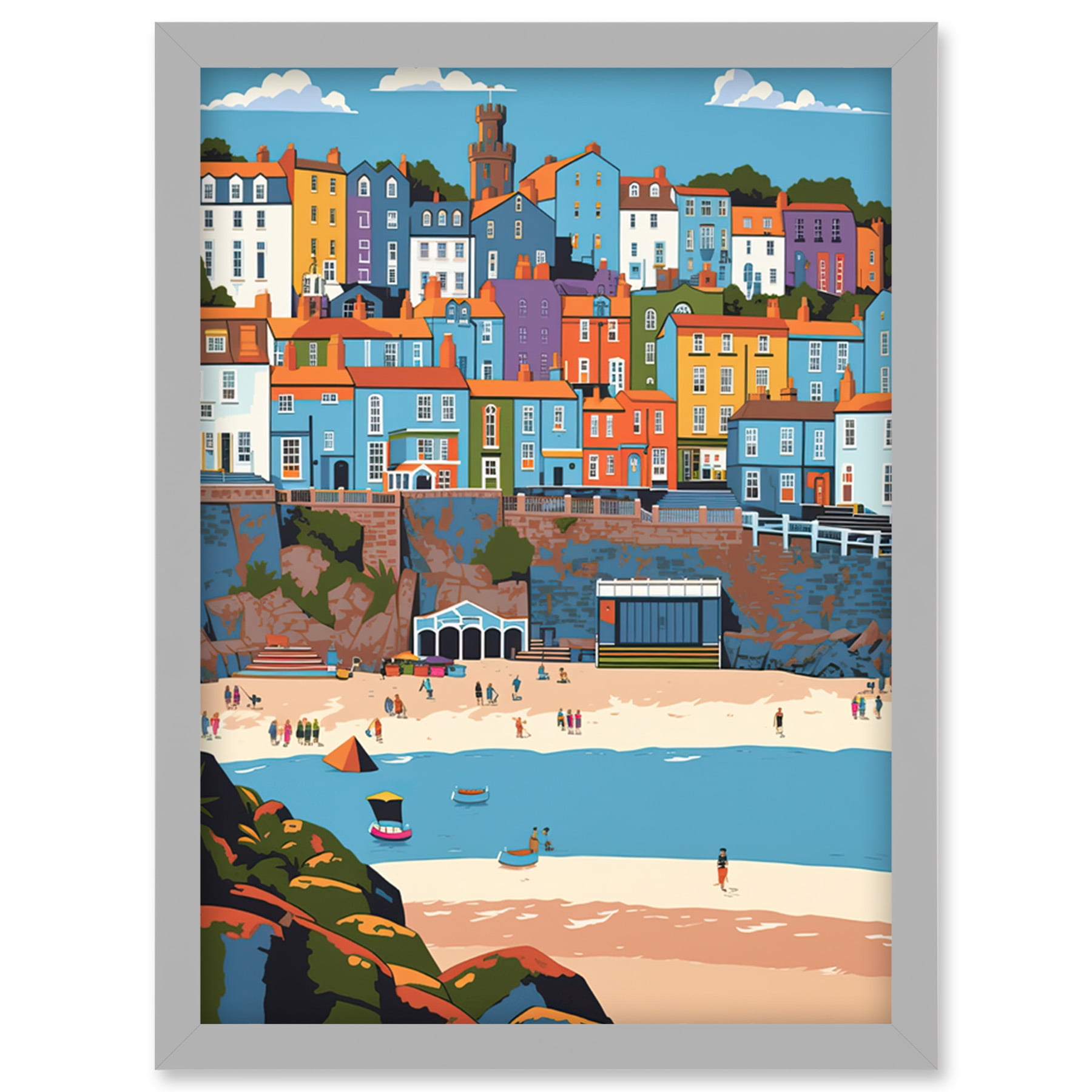 Tenby Castle Beach in Wales Colourful Townscape Artwork Framed Wall Art Print A4 - Walmart.com