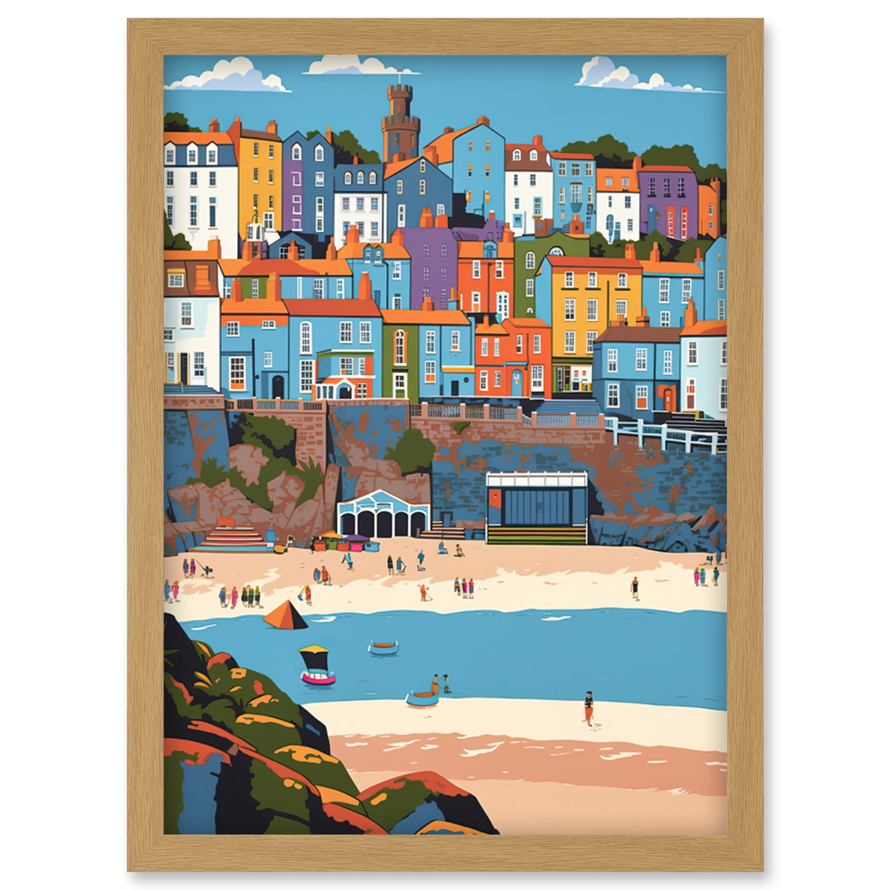 Tenby Castle Beach in Wales Colourful Townscape Artwork Framed Wall Art ...